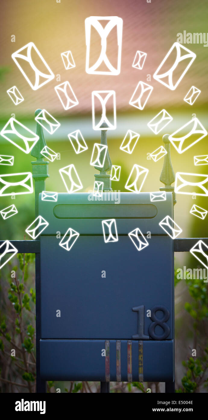 Mailbox with letter icons on glowing green background Stock Photo - Alamy
