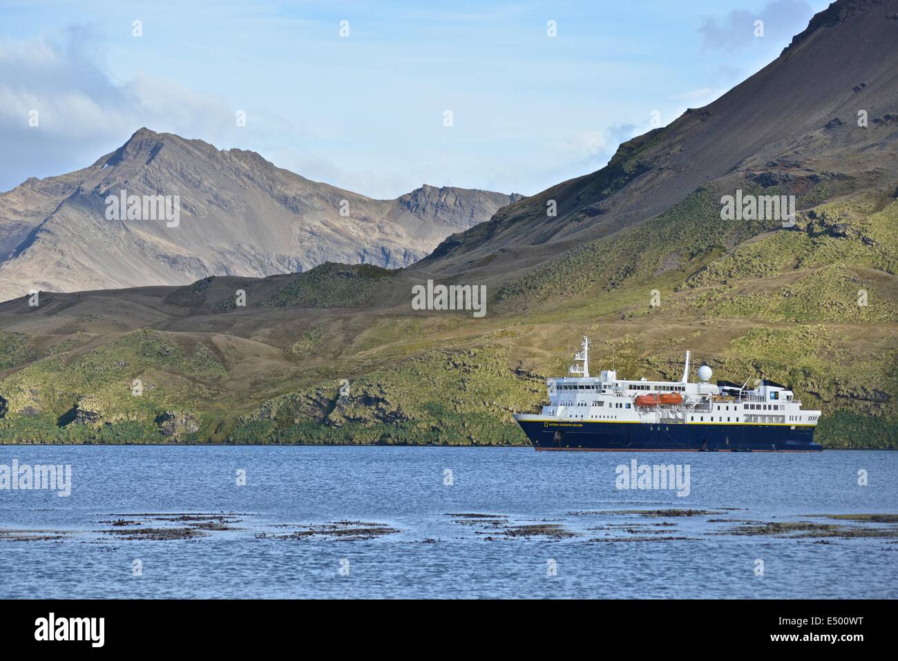 National Geographic Explorer vessel anchored in Stromness Bay in South ...