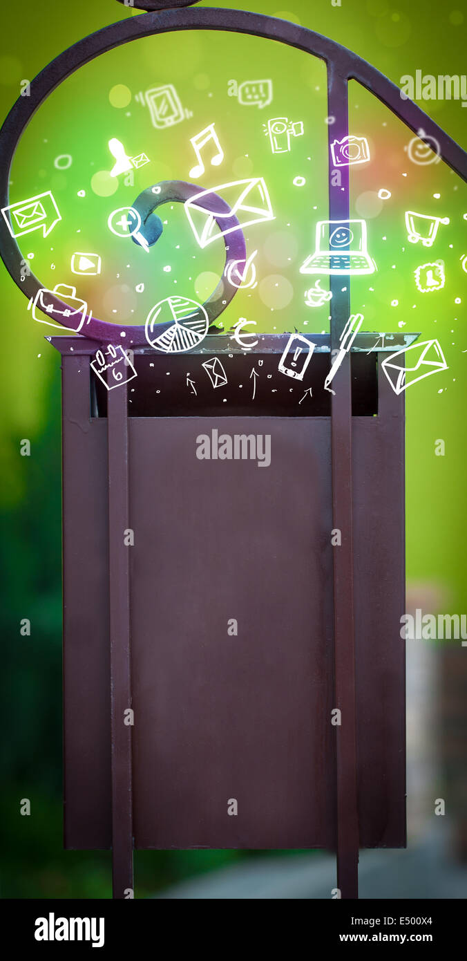 Colorful icons and symbols bursting out of a mailbox Stock Photo - Alamy