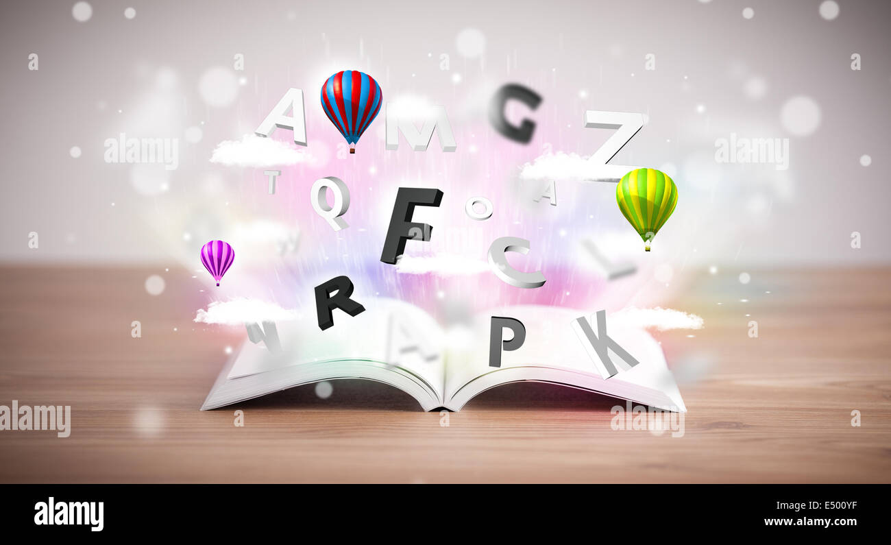 Open book with flying 3d letters on concrete background Stock Photo - Alamy
