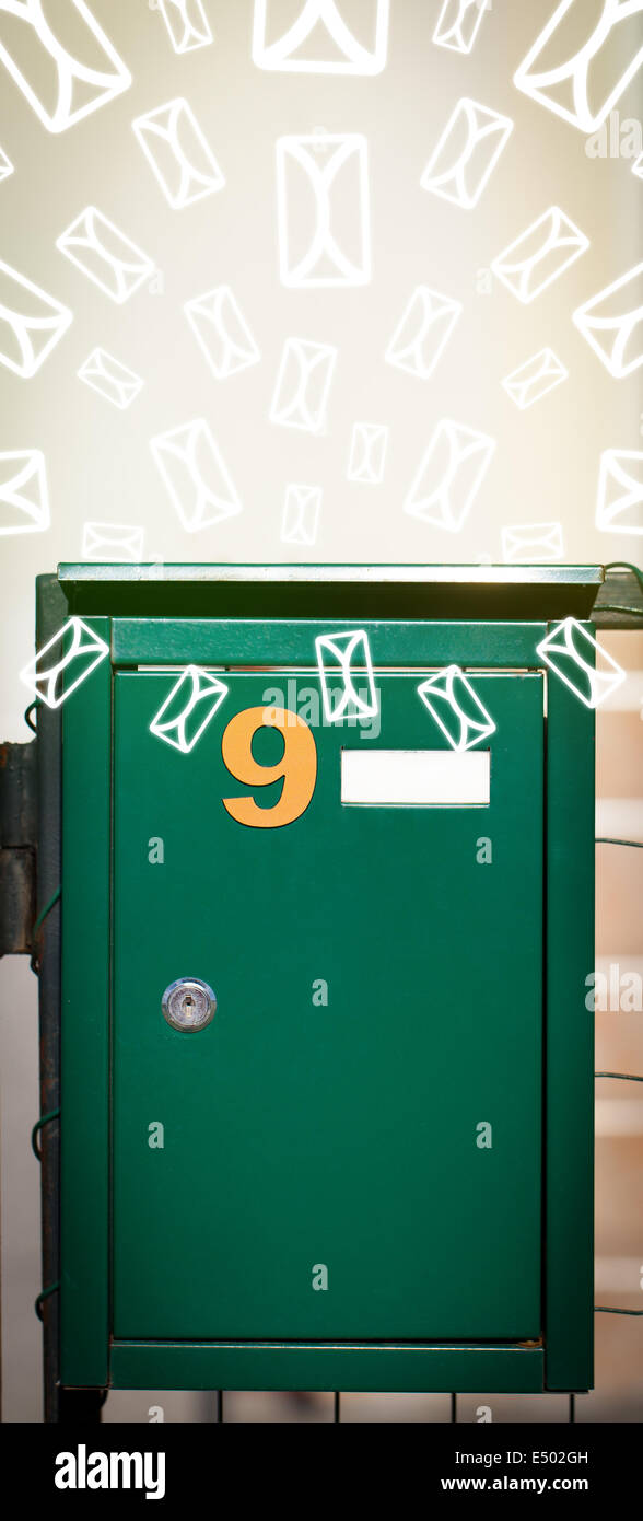 Mailbox with letter icons on glowing green background Stock Photo - Alamy