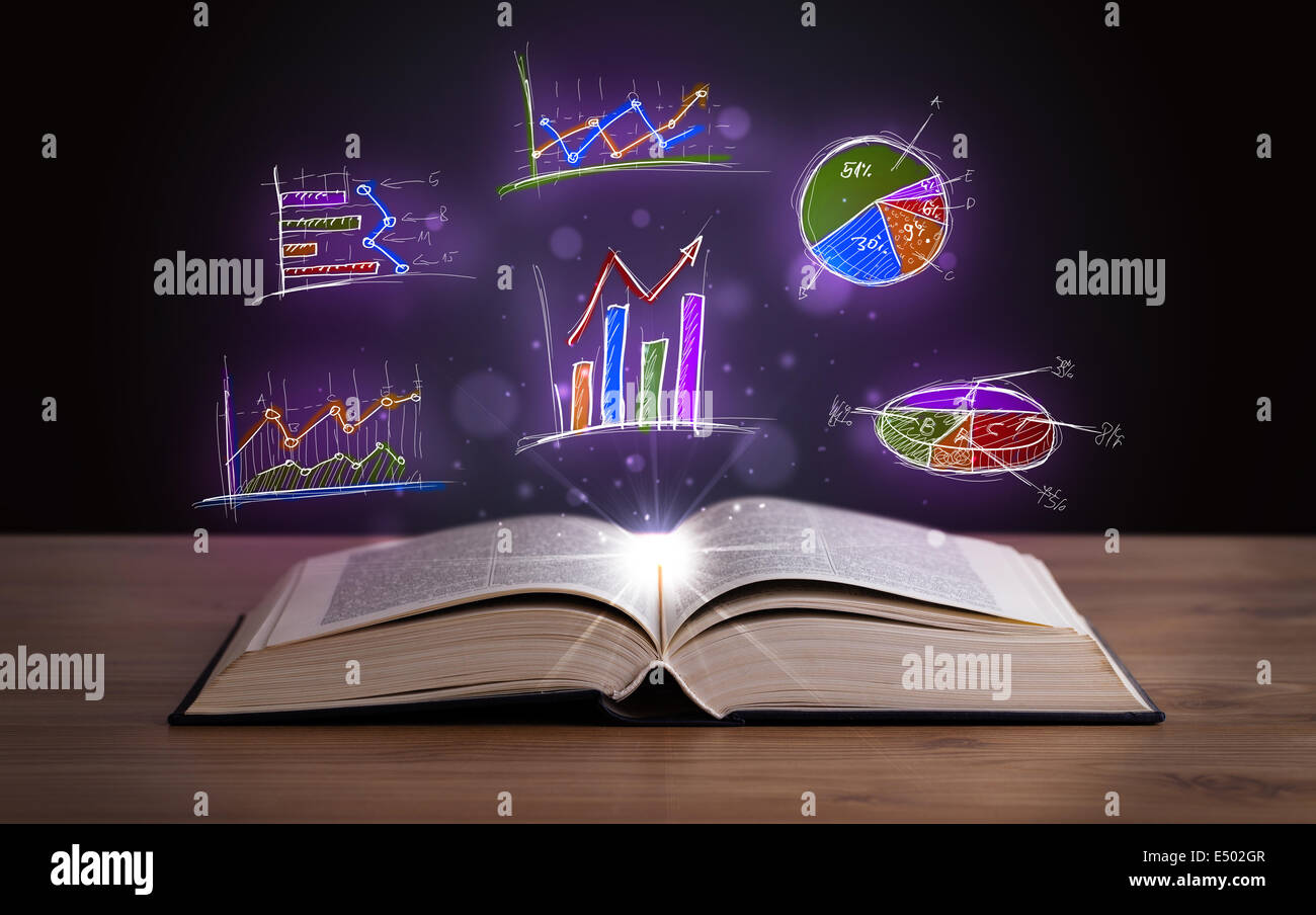 Book on wooden deck with glowing graph illustrations Stock Photo - Alamy