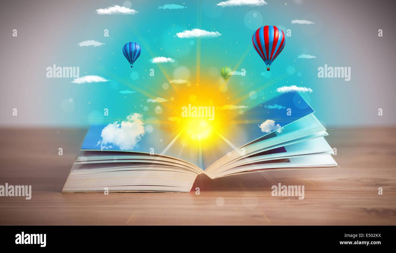 Open book with green nature world coming out of its pages Stock Photo ...