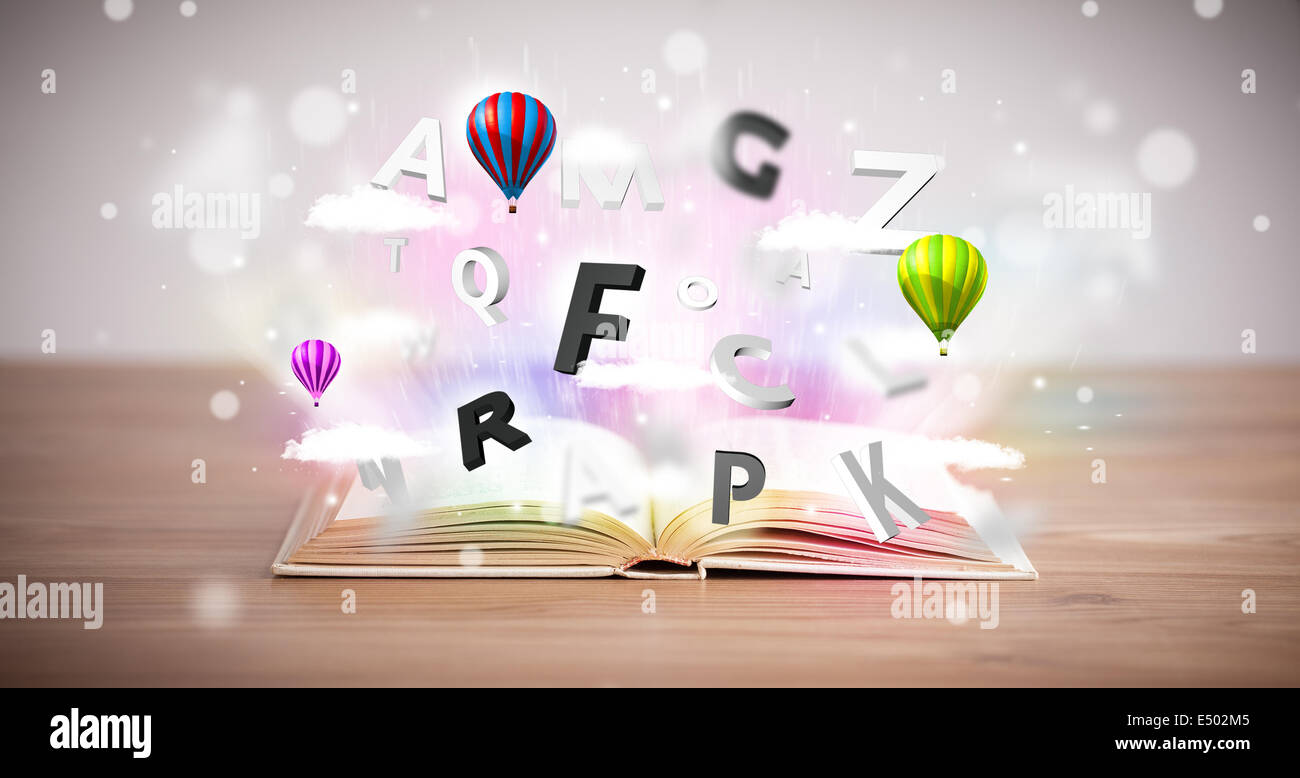 Open book with flying 3d letters on concrete background Stock Photo - Alamy