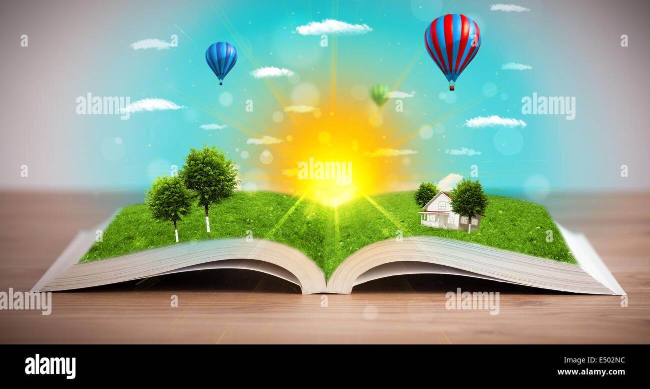 Open book with green nature world coming out of its pages Stock Photo ...