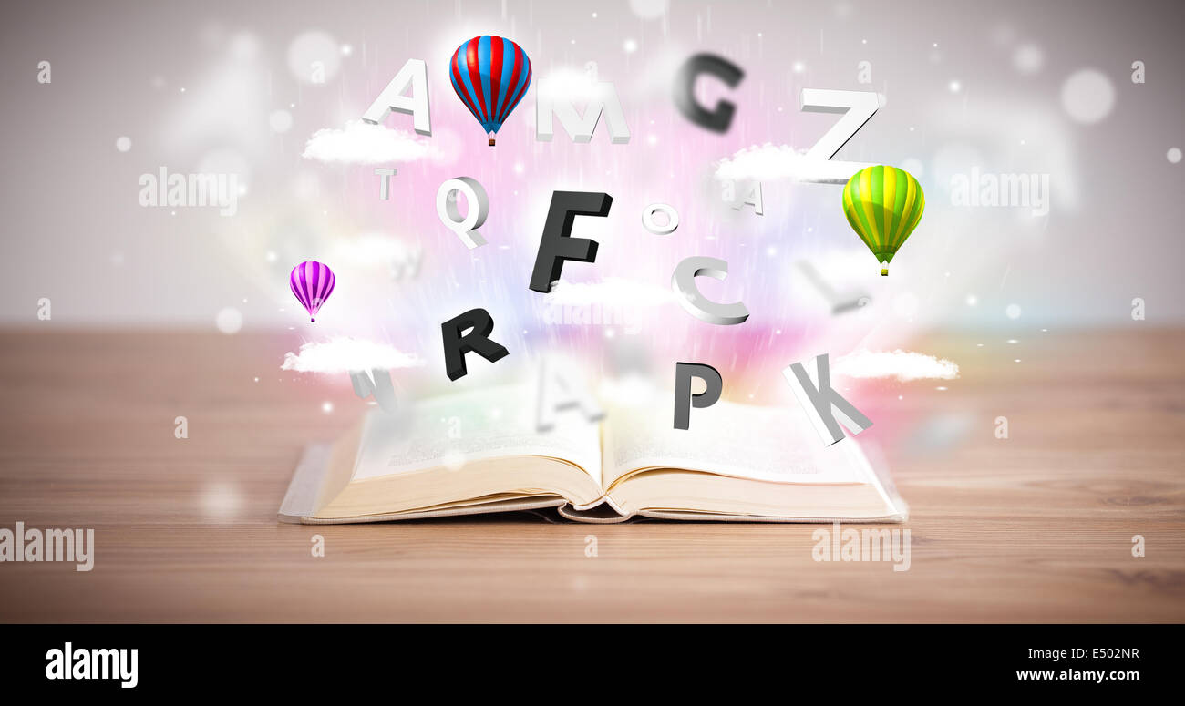 Open book with flying 3d letters on concrete background Stock Photo - Alamy