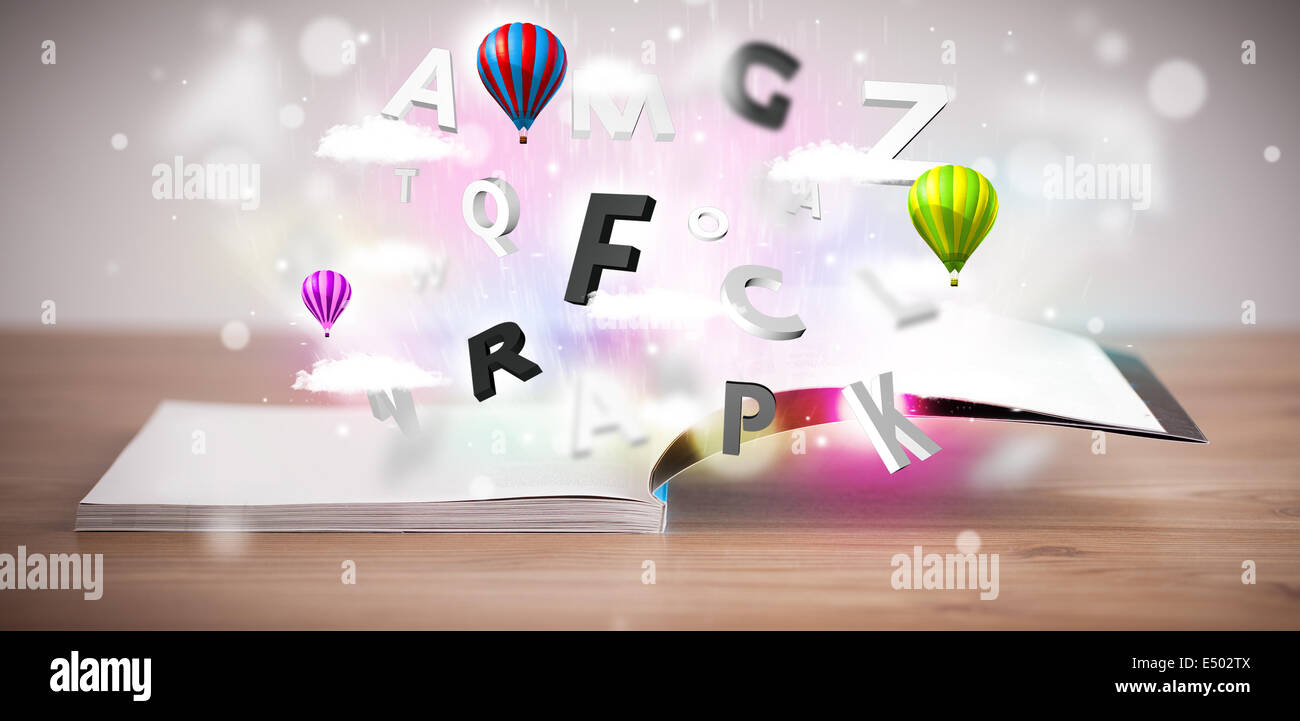Open book with flying 3d letters on concrete background Stock Photo - Alamy