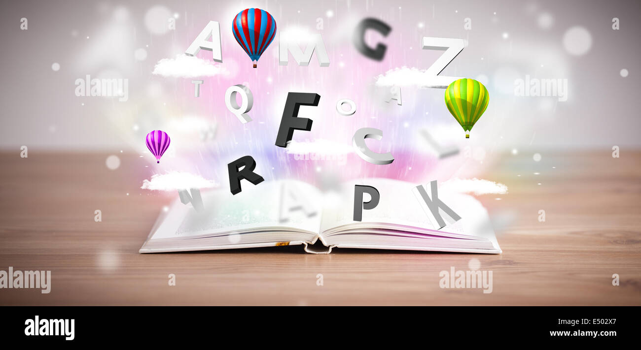 Open book with flying 3d letters on concrete background Stock Photo - Alamy