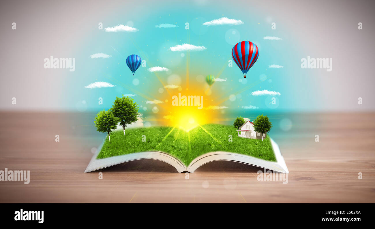 Open book with green nature world coming out of its pages Stock Photo ...