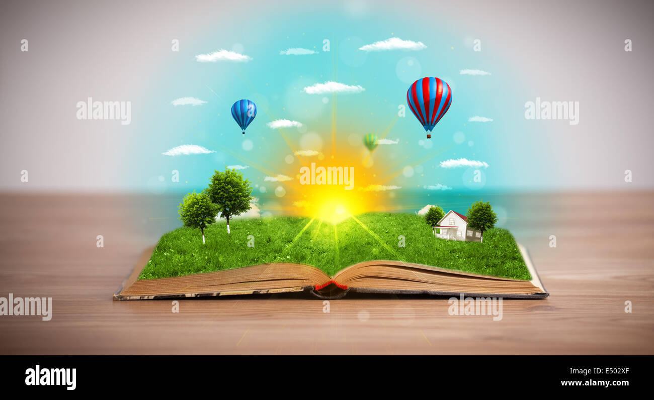Open book with green nature world coming out of its pages Stock Photo ...
