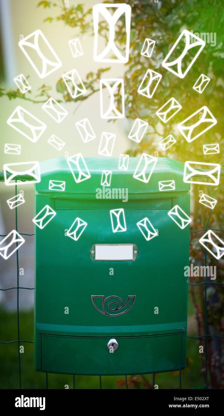 Mailbox with letter icons on glowing green background Stock Photo - Alamy