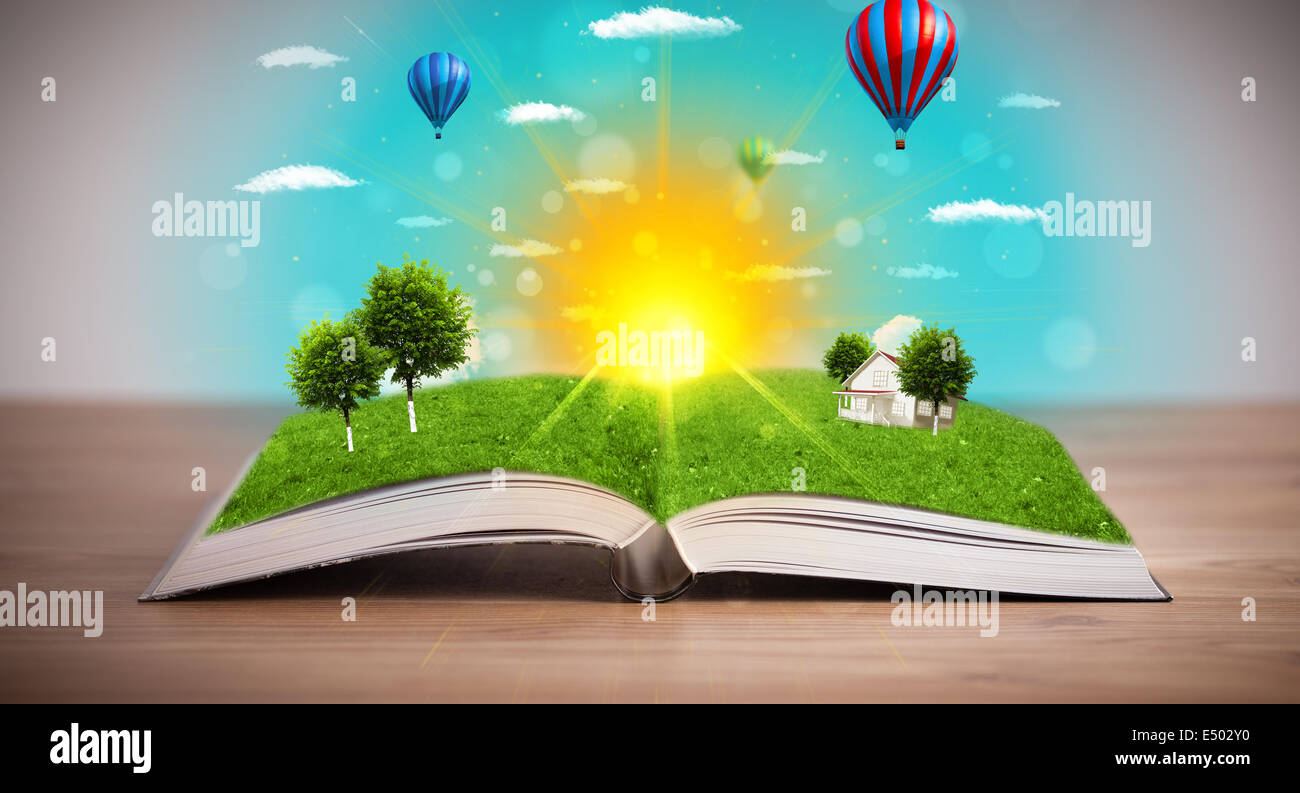 Open book with green nature world coming out of its pages Stock Photo ...