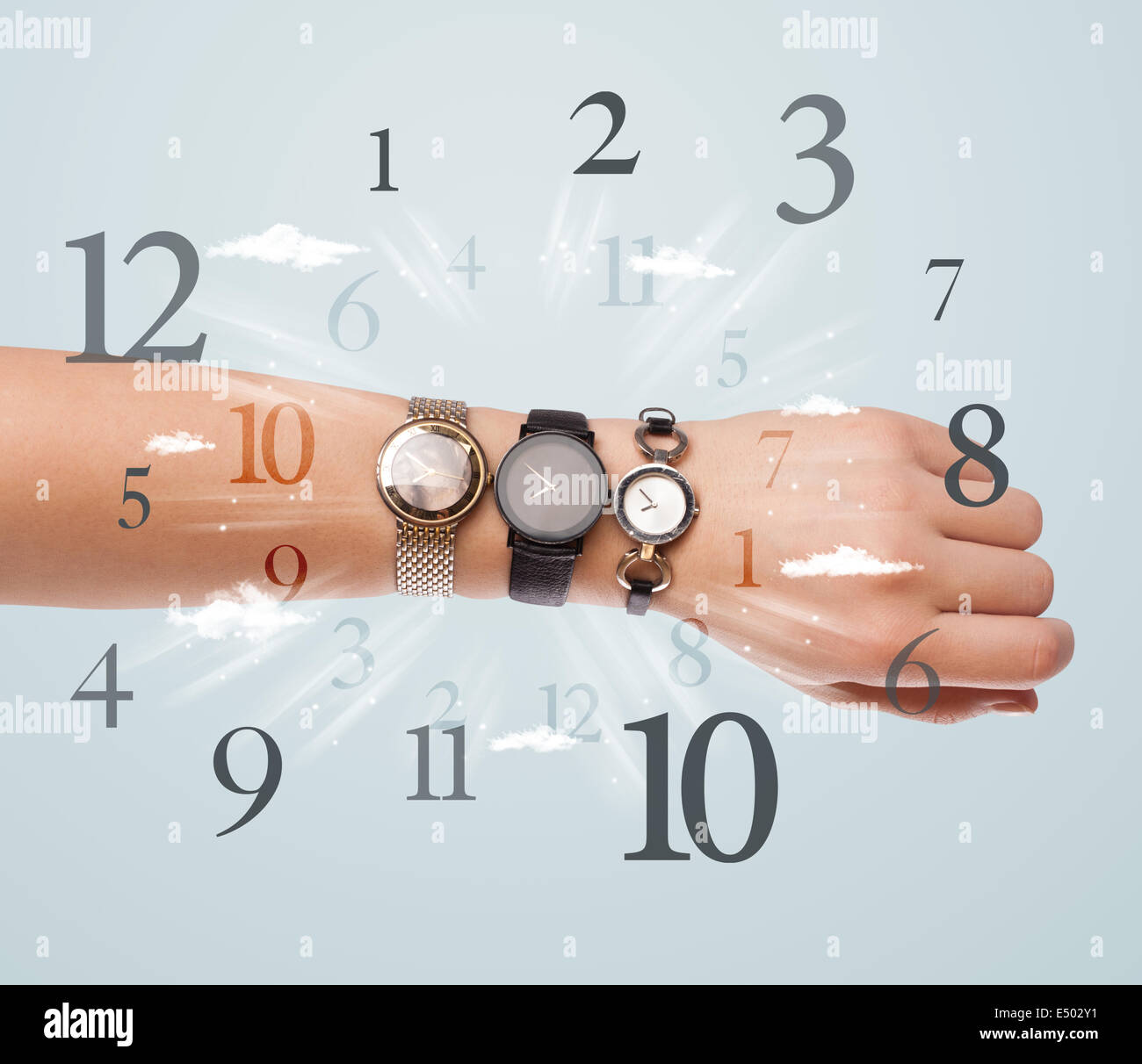 Hand with watch and numbers on the side comming out Stock Photo - Alamy