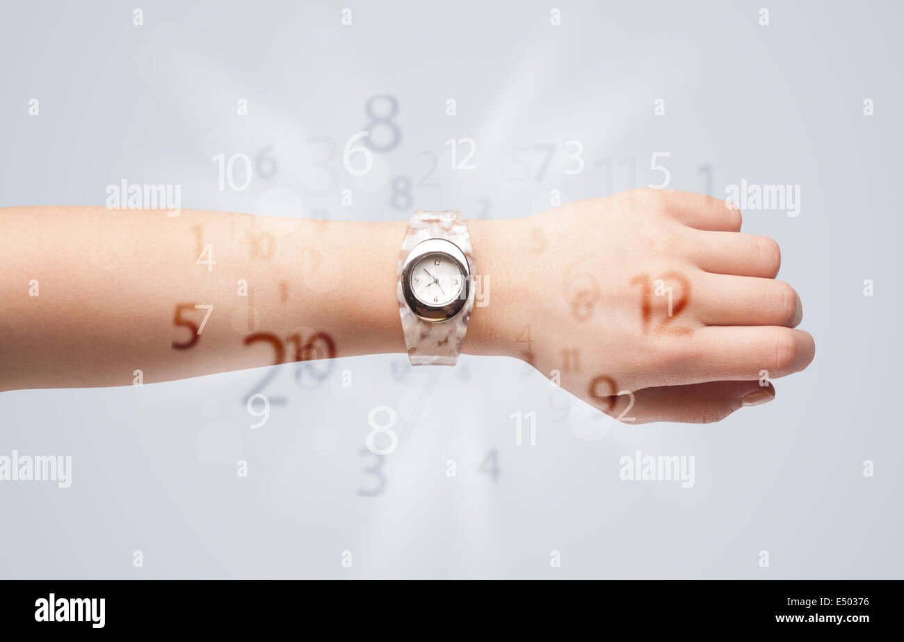 Hand with watch and numbers on the side comming out Stock Photo - Alamy