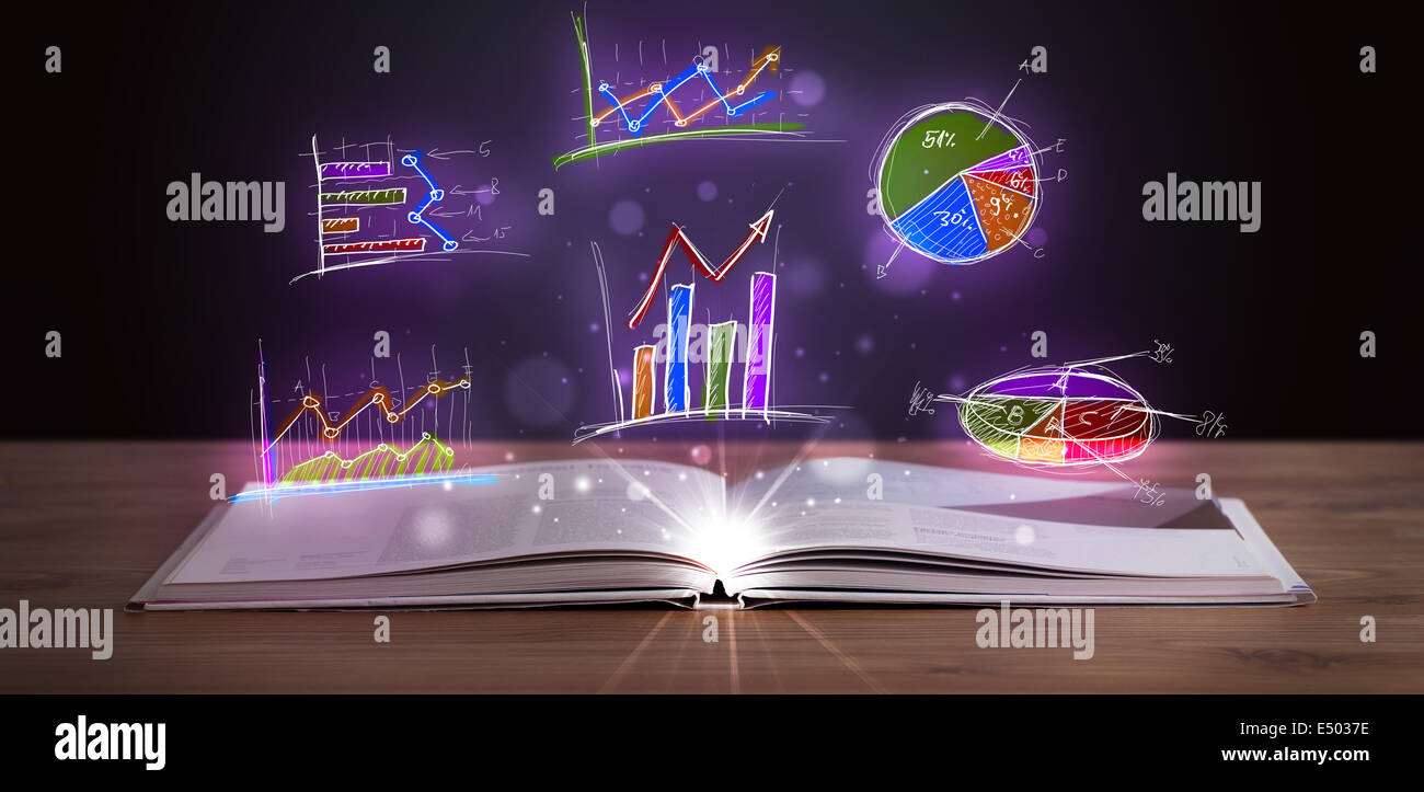 Book on wooden deck with glowing graph illustrations Stock Photo - Alamy