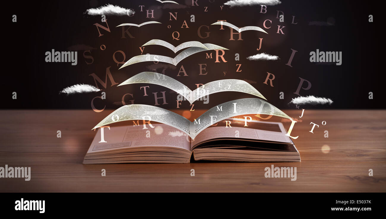Pages and glowing letters flying out of a book Stock Photo - Alamy
