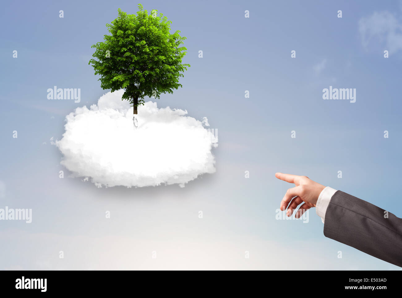 Hand pointing at a green tree on top of a white cloud Stock Photo - Alamy