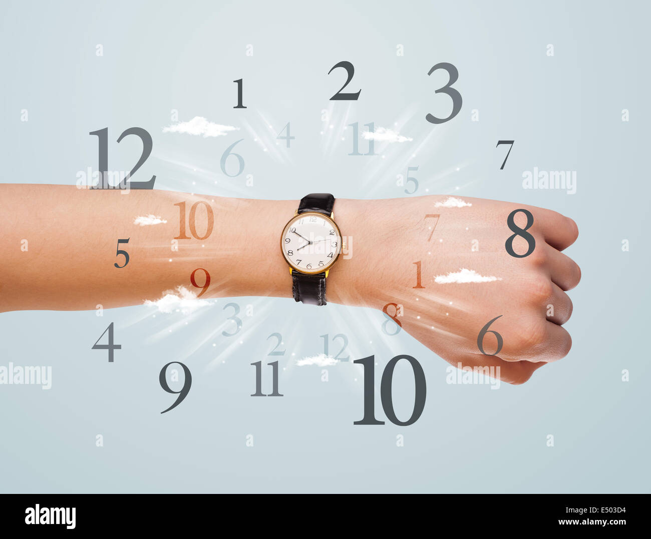 Hand with watch and numbers on the side comming out Stock Photo - Alamy