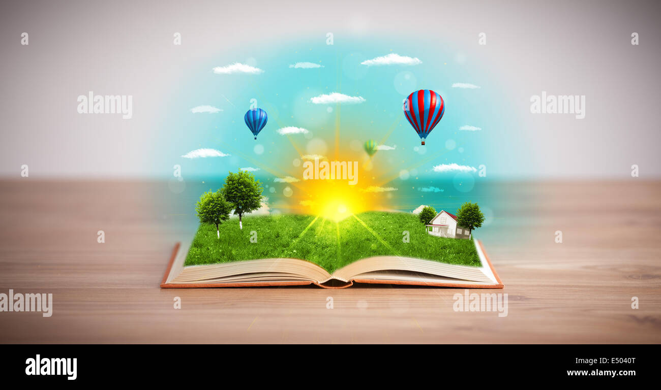 Open book with green nature world coming out of its pages Stock Photo ...