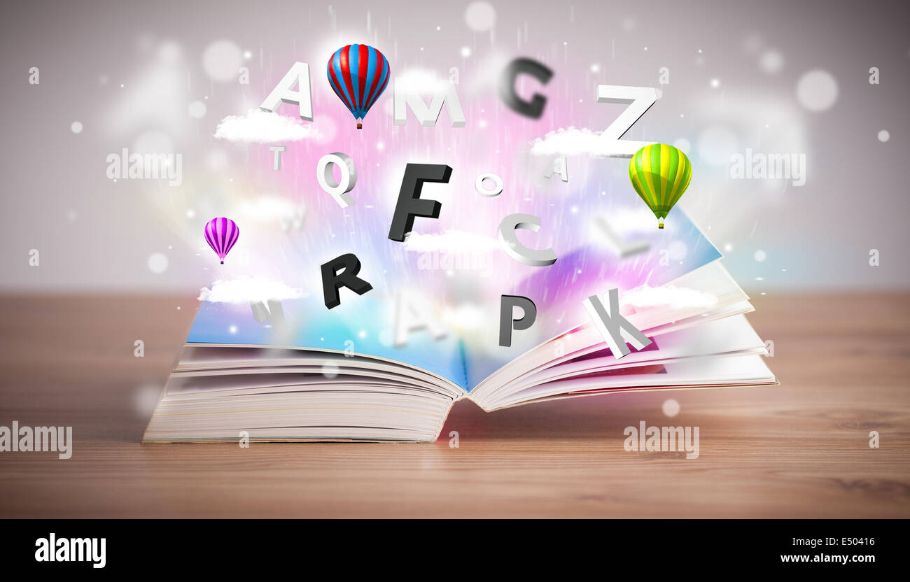 Open book with flying 3d letters on concrete background Stock Photo - Alamy