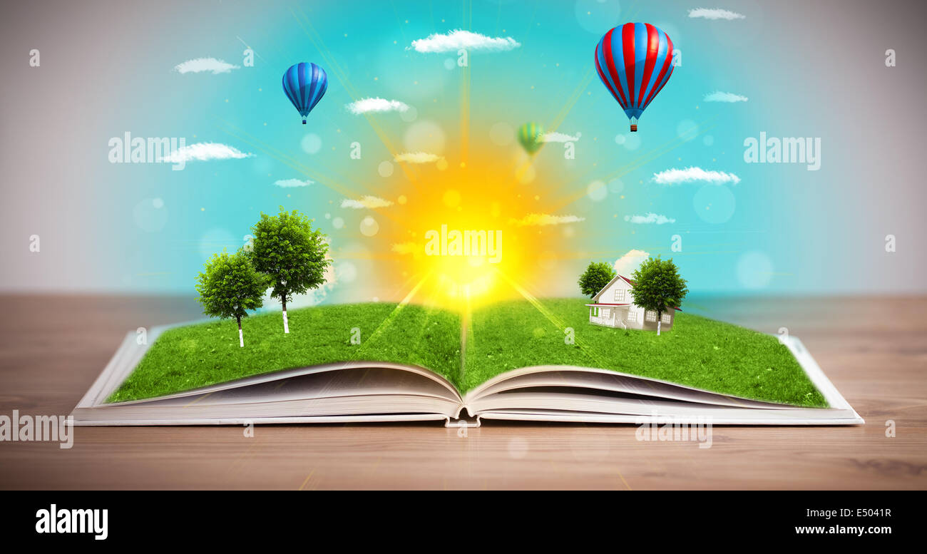 Open book with green nature world coming out of its pages Stock Photo ...