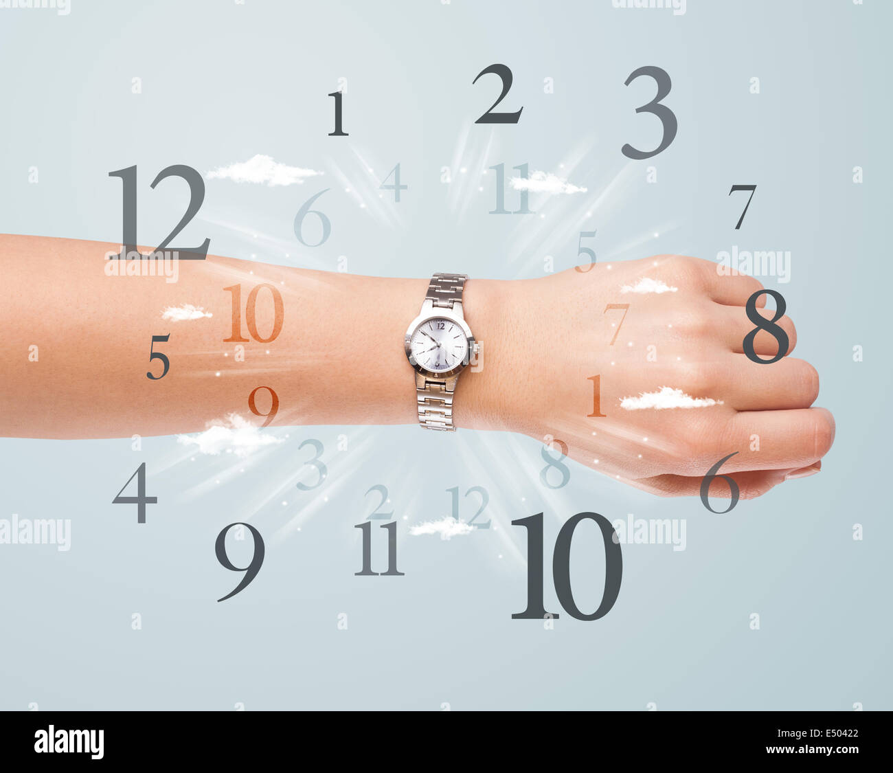 Hand with watch and numbers on the side comming out Stock Photo - Alamy