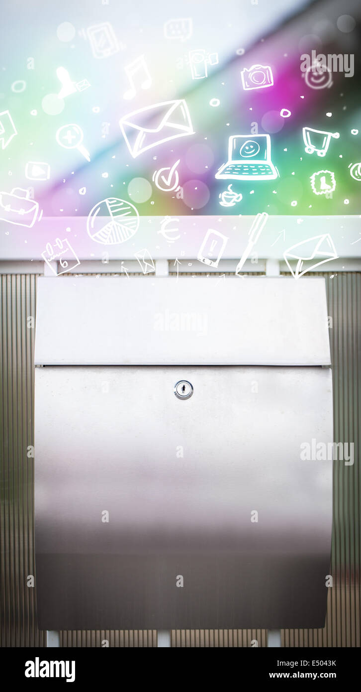Colorful icons and symbols bursting out of a mailbox Stock Photo - Alamy