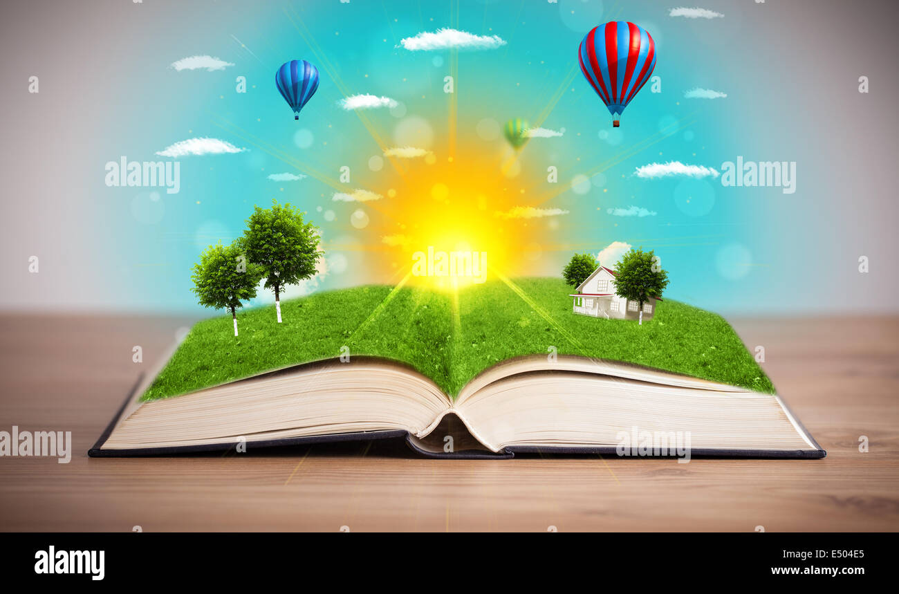 Open book with green nature world coming out of its pages Stock Photo ...