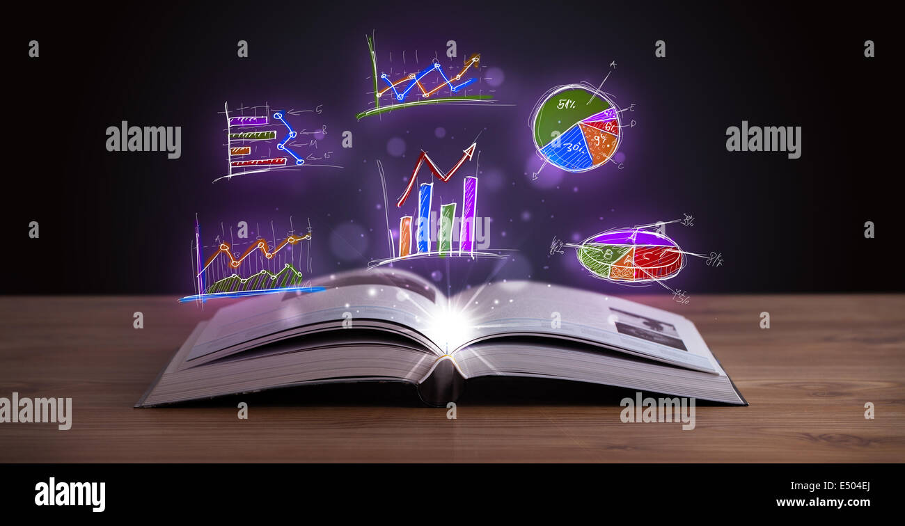 Book on wooden deck with glowing graph illustrations Stock Photo - Alamy