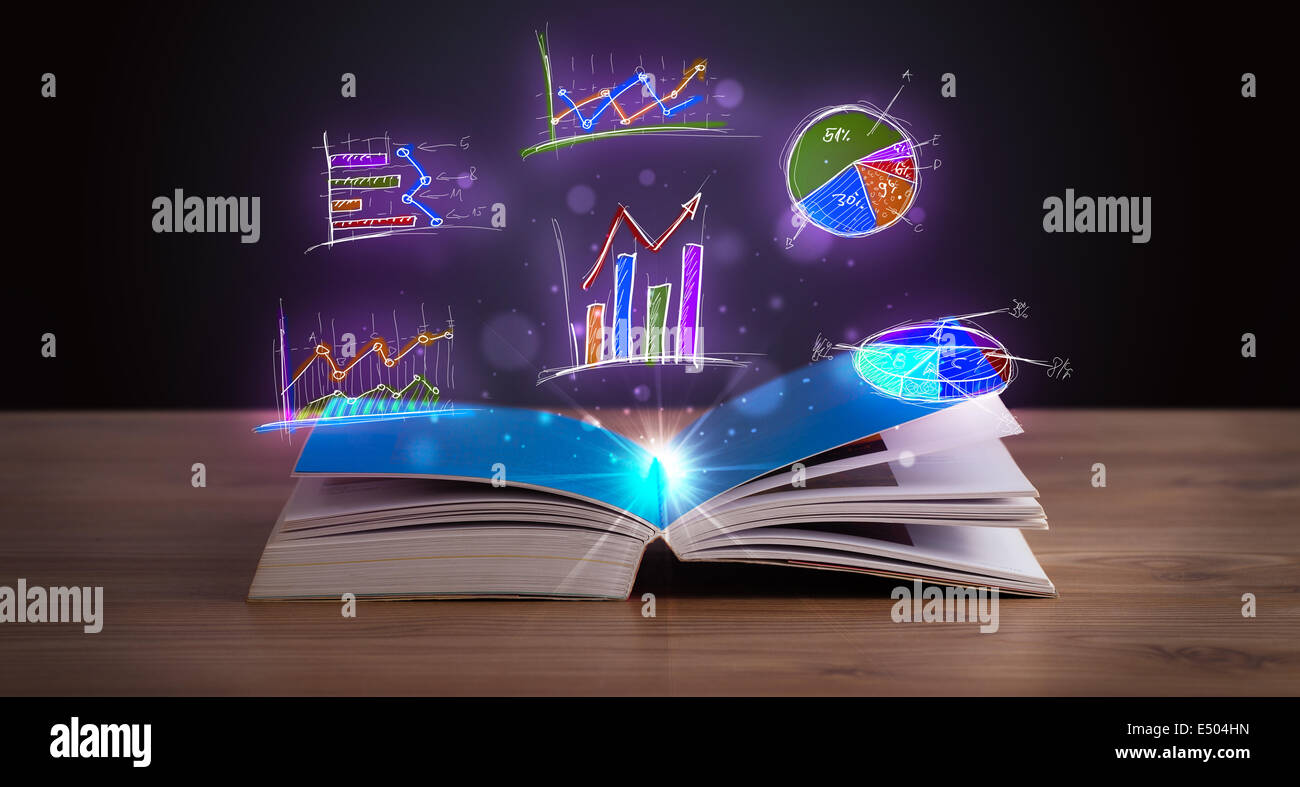 Book on wooden deck with glowing graph illustrations Stock Photo - Alamy