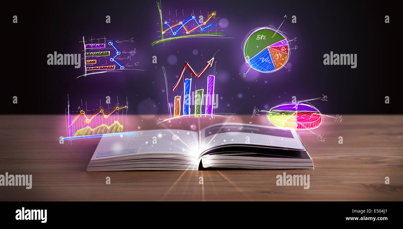 Book on wooden deck with glowing graph illustrations Stock Photo - Alamy