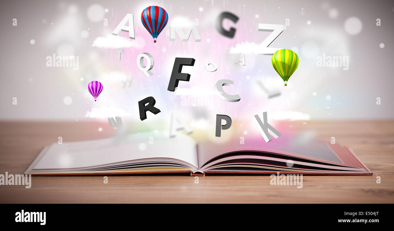 Open book with flying 3d letters on concrete background Stock Photo - Alamy
