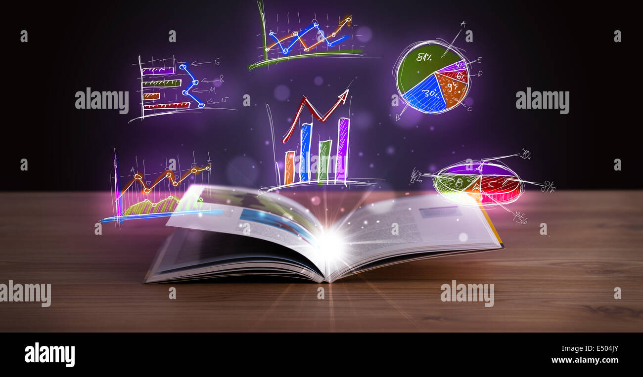 Book on wooden deck with glowing graph illustrations Stock Photo - Alamy