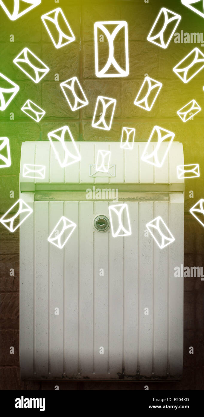 Mailbox with letter icons on glowing green background Stock Photo - Alamy