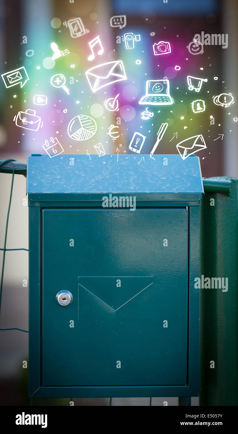 Colorful icons and symbols bursting out of a mailbox Stock Photo - Alamy