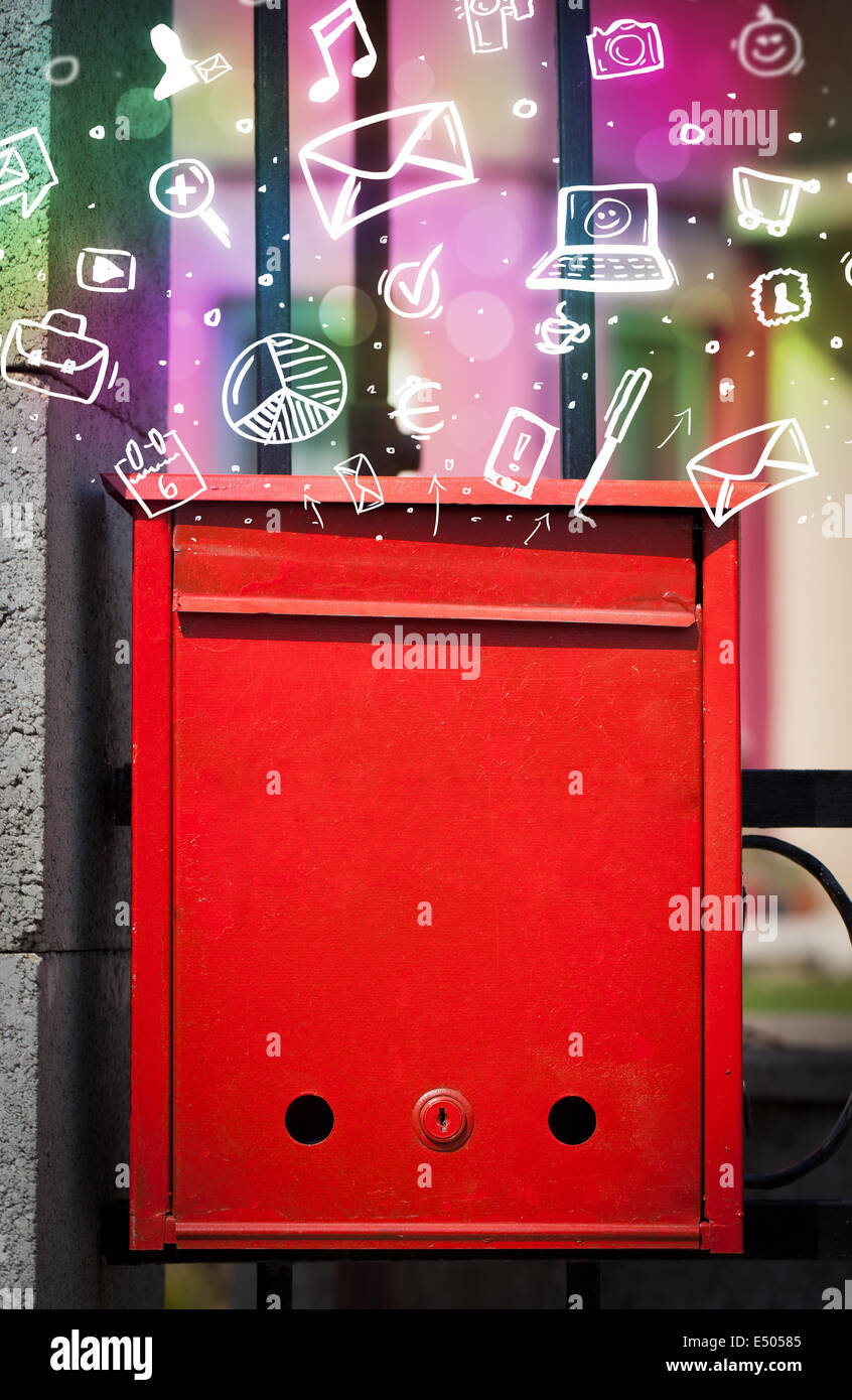 Colorful icons and symbols bursting out of a mailbox Stock Photo - Alamy