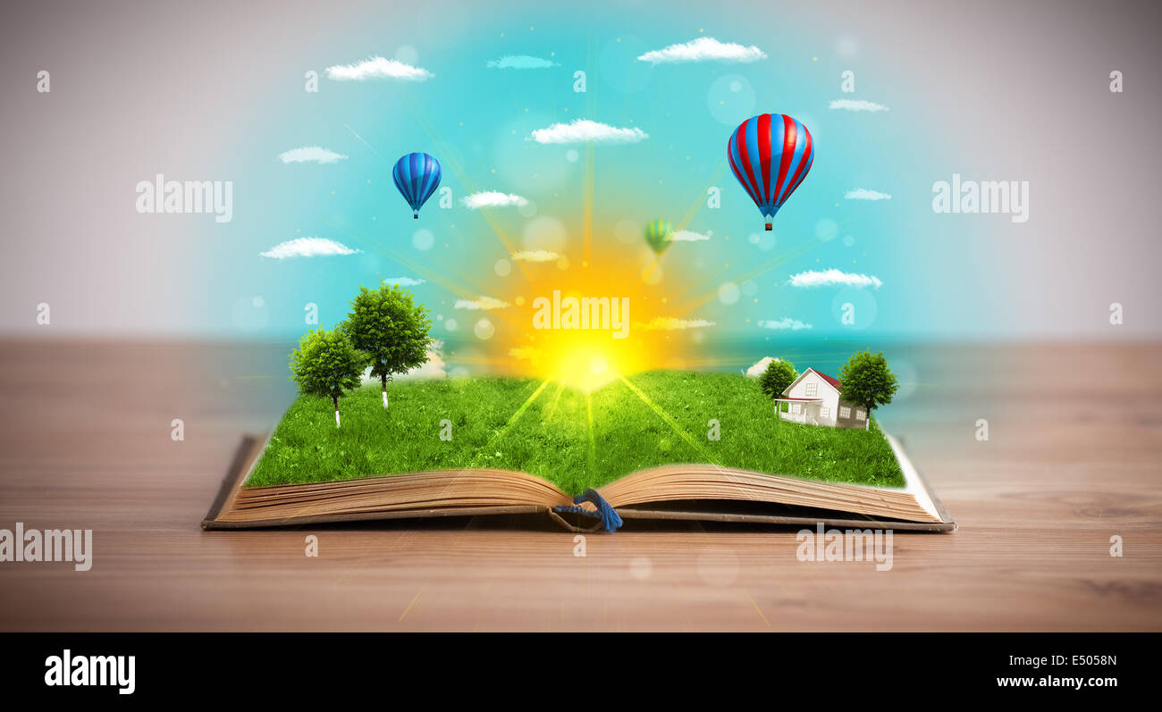 Open book with green nature world coming out of its pages Stock Photo ...