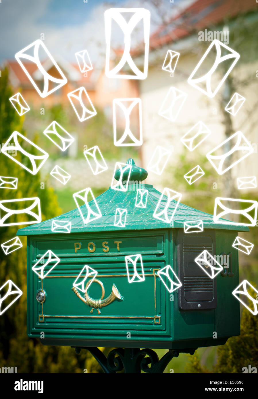 Mailbox with letter icons on glowing green background Stock Photo - Alamy