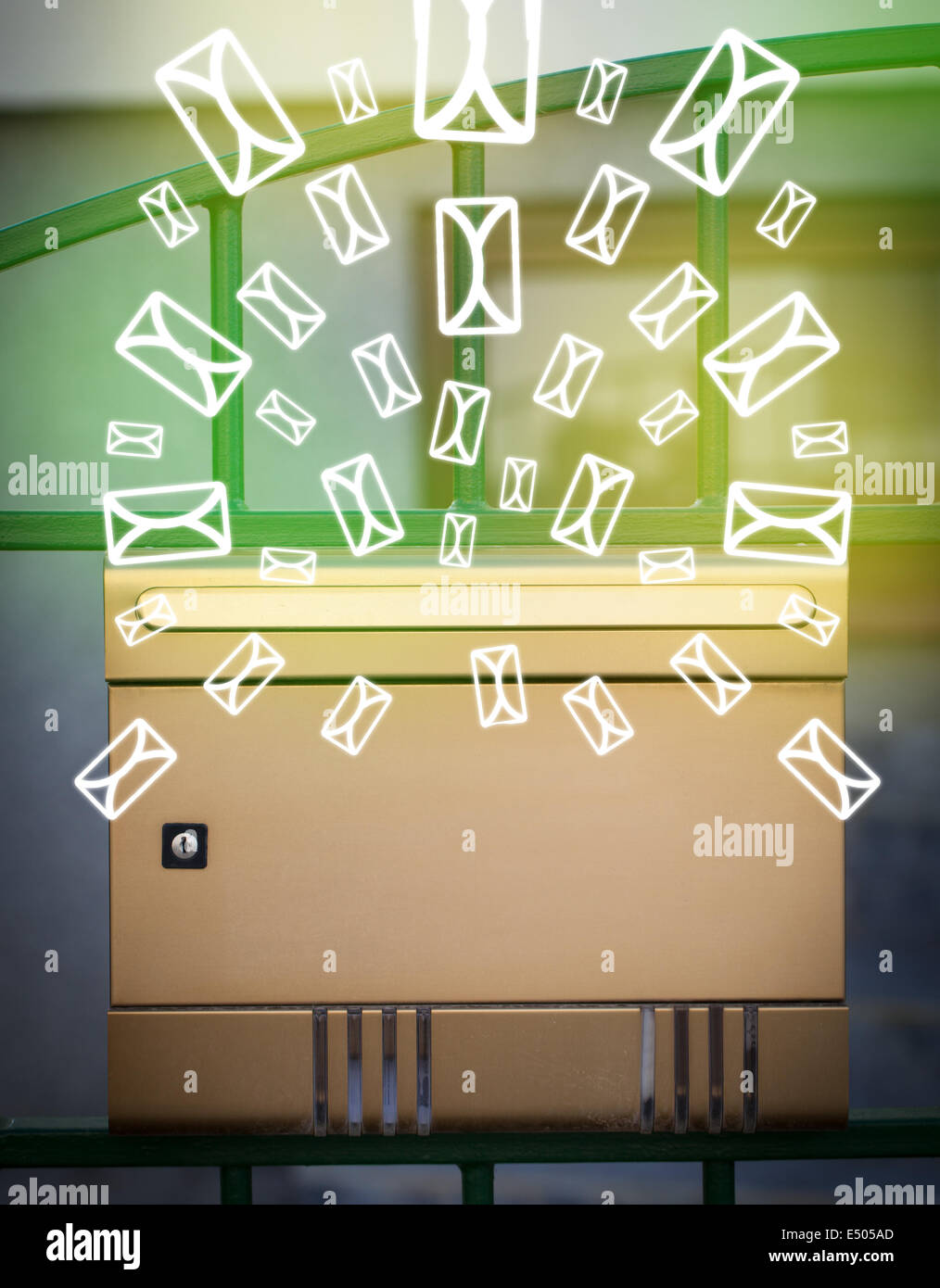 Mailbox with letter icons on glowing green background Stock Photo - Alamy