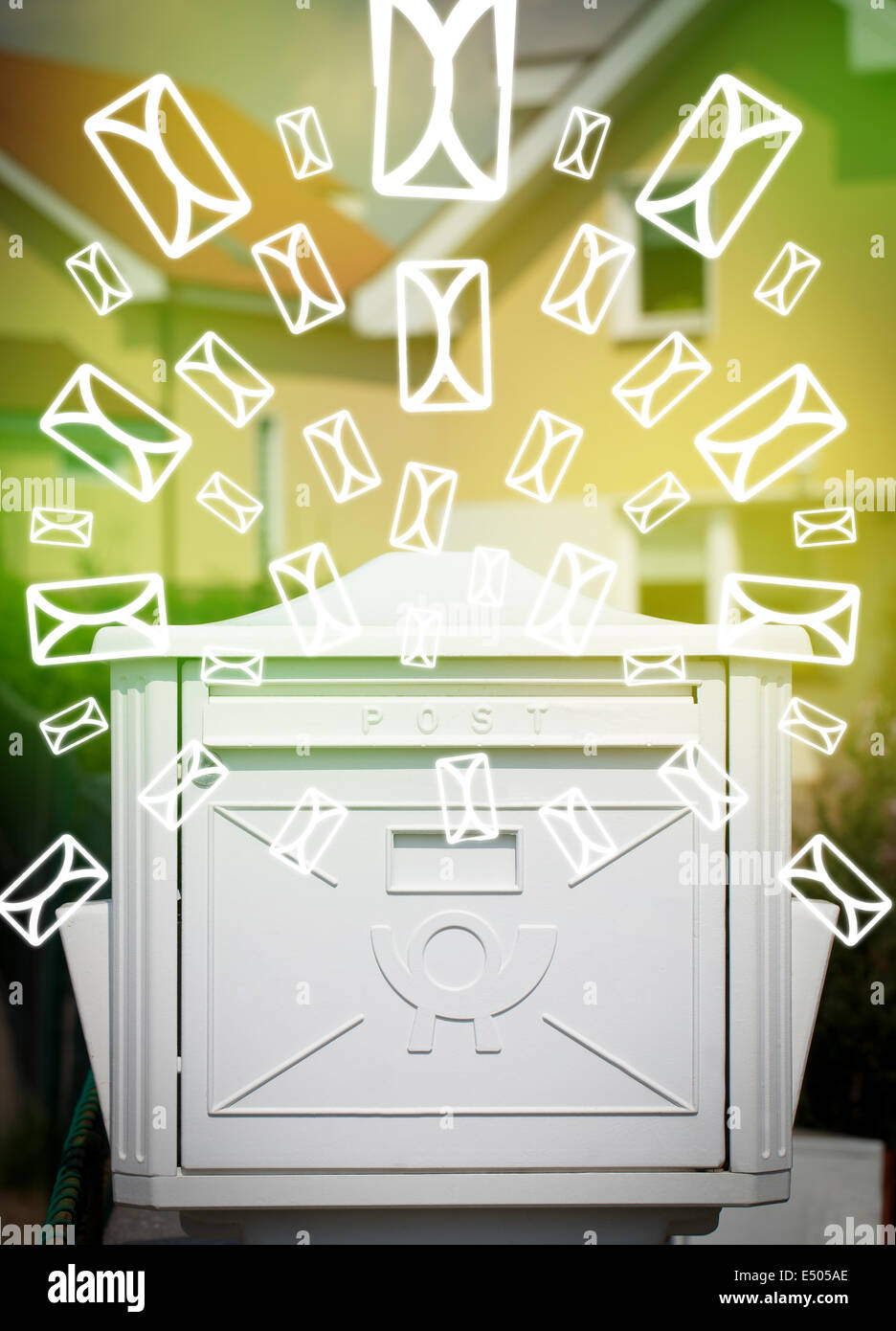 Mailbox with letter icons on glowing green background Stock Photo - Alamy