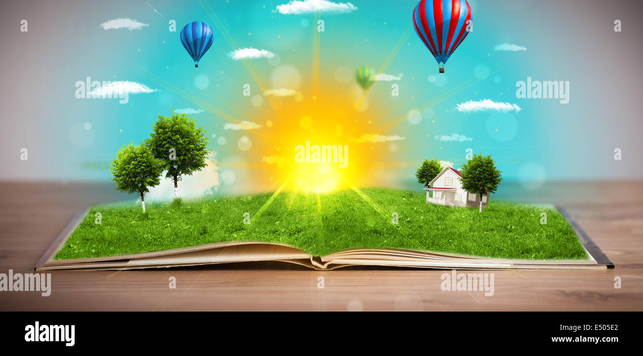 Open book with green nature world coming out of its pages Stock Photo ...
