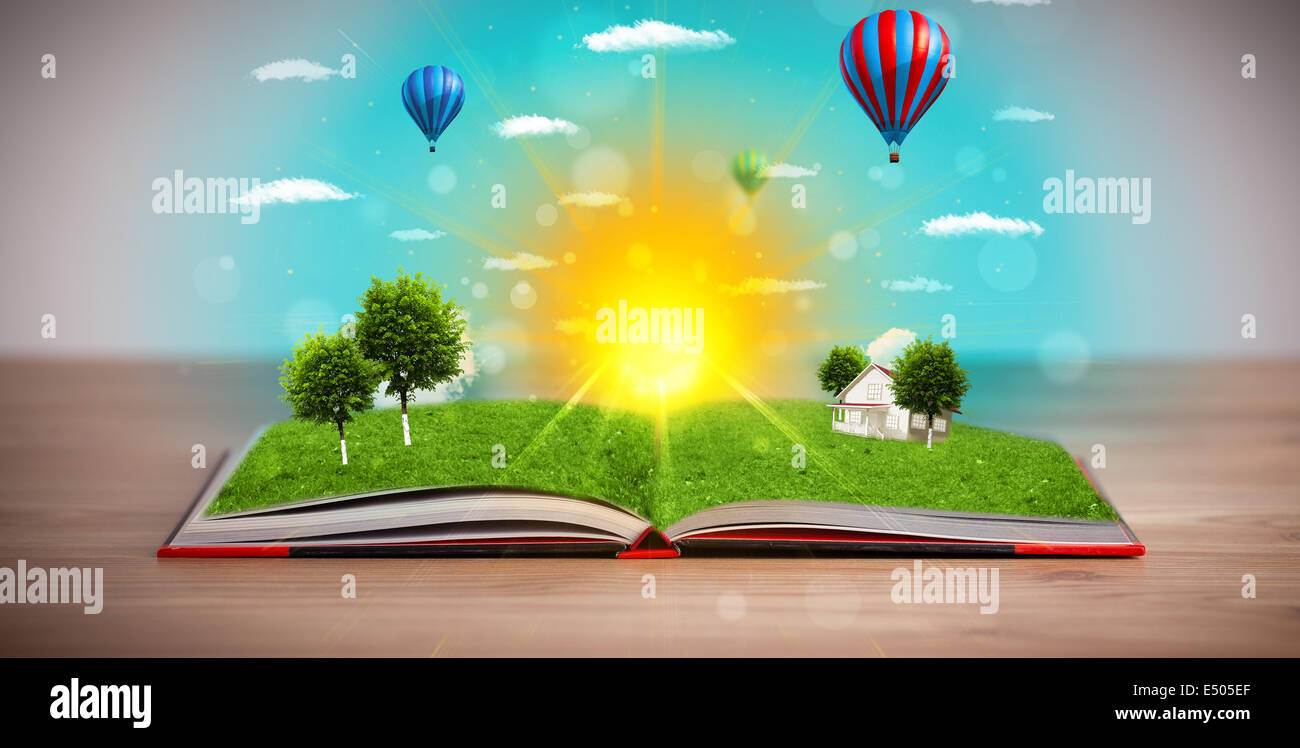 Open book with green nature world coming out of its pages Stock Photo ...