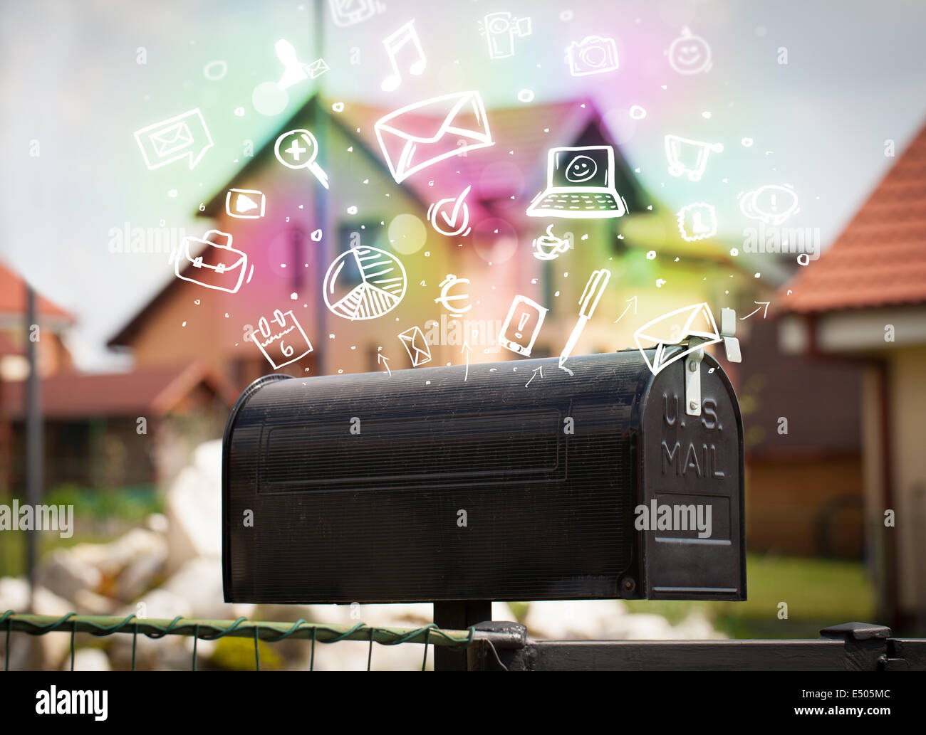 Colorful icons and symbols bursting out of a mailbox Stock Photo - Alamy