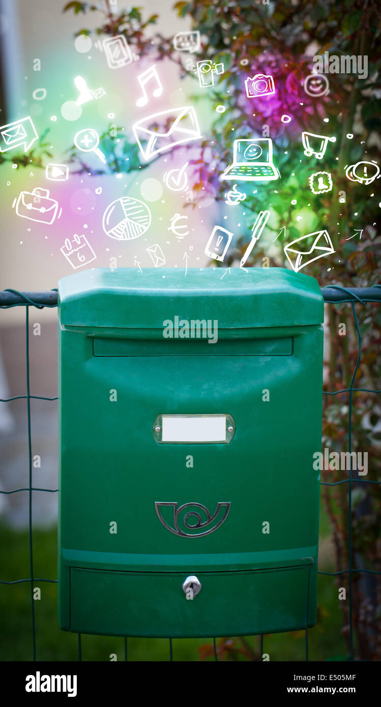 Colorful icons and symbols bursting out of a mailbox Stock Photo - Alamy