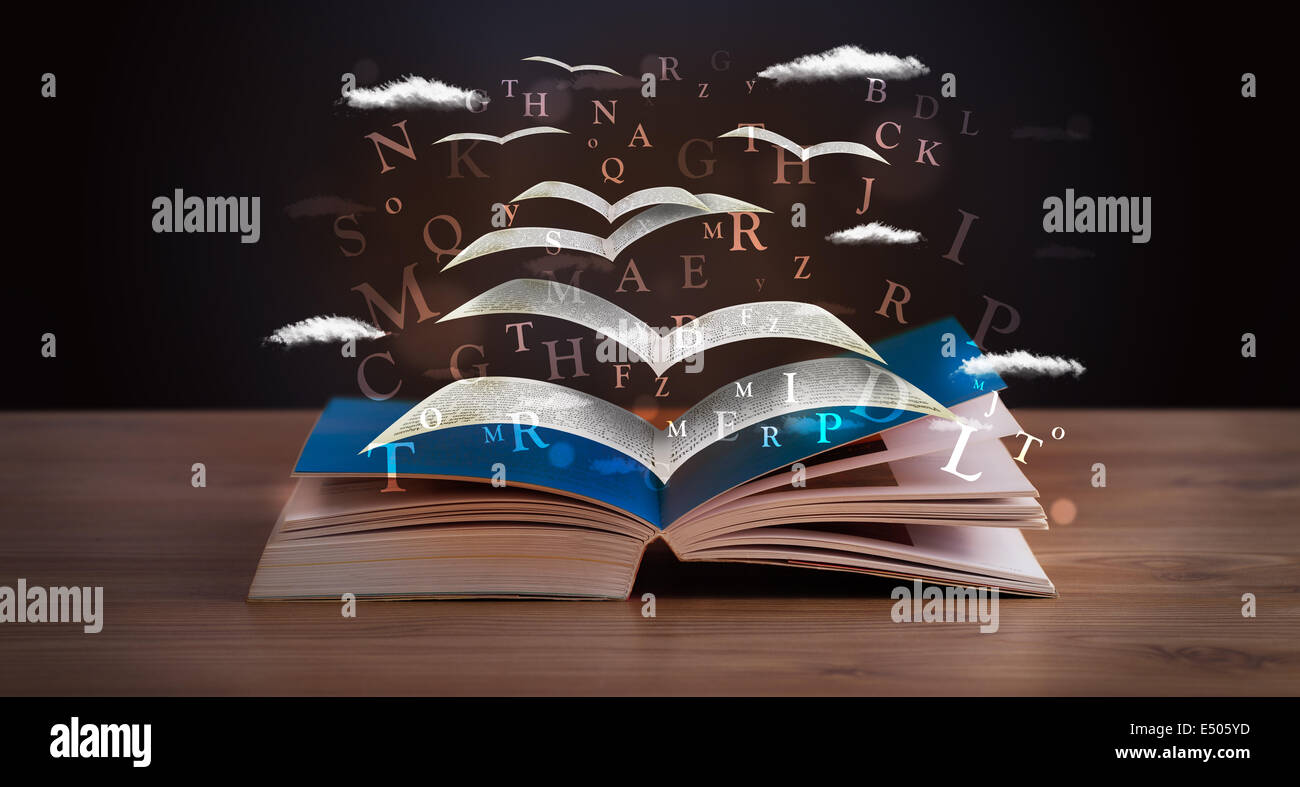 Pages and glowing letters flying out of a book Stock Photo - Alamy