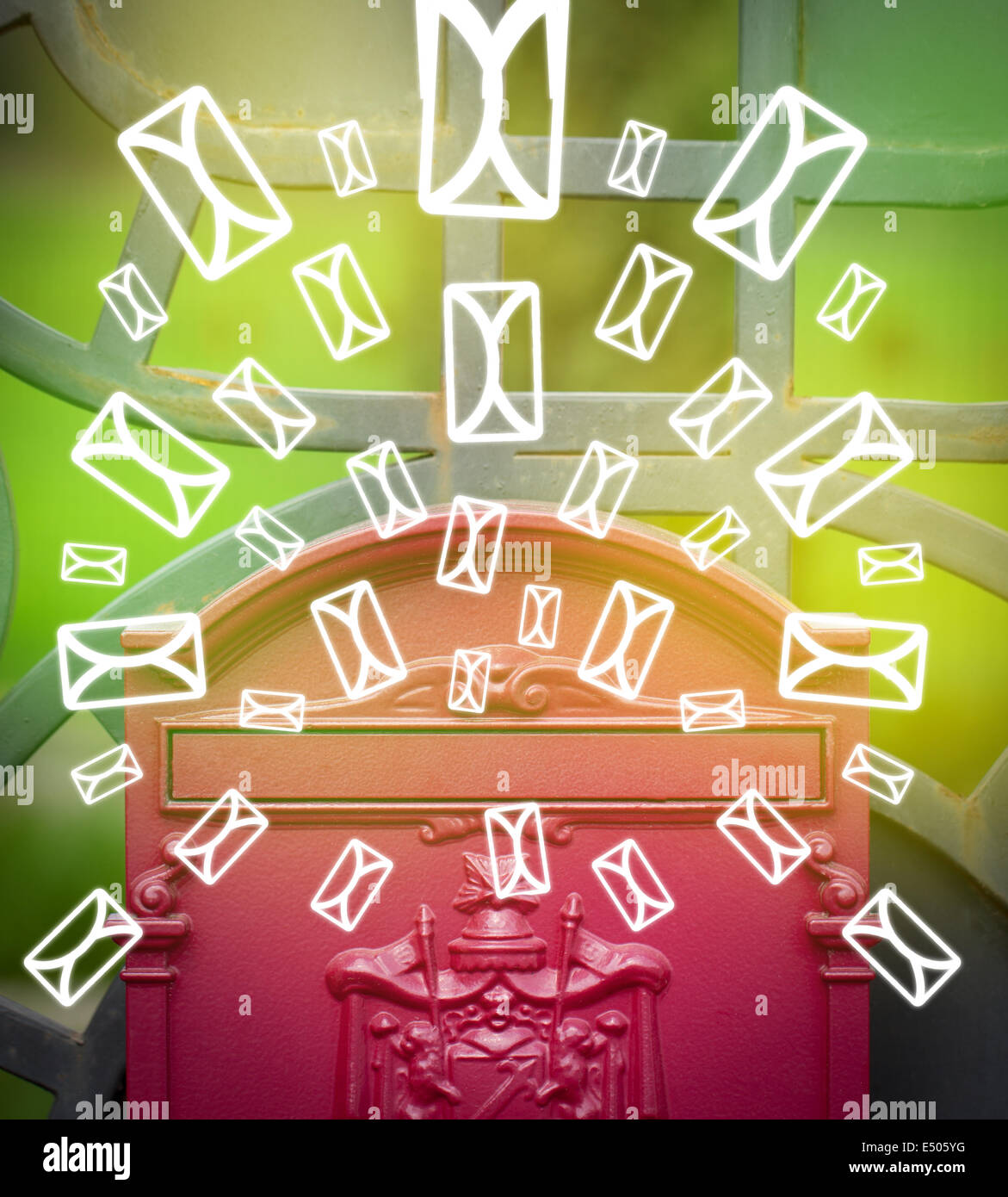 Mailbox with letter icons on glowing green background Stock Photo - Alamy