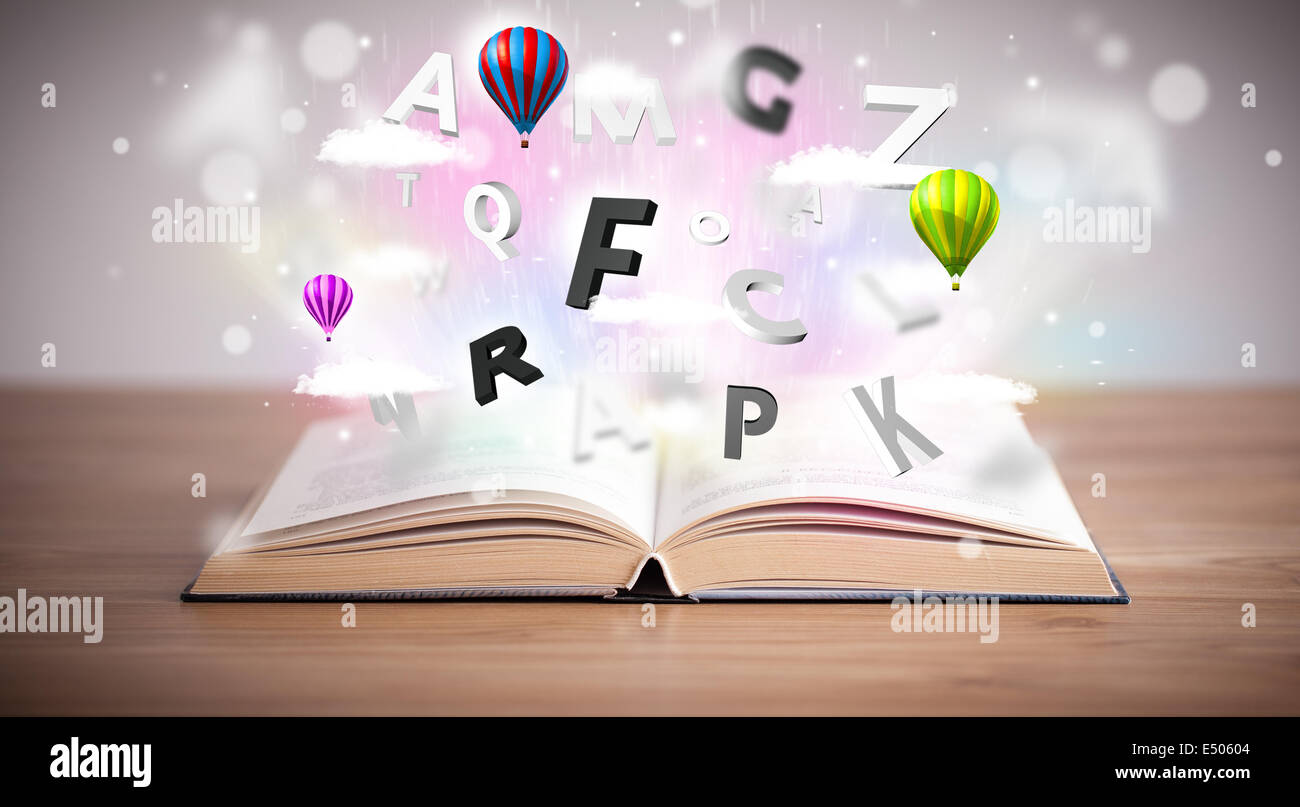 Open book with flying 3d letters on concrete background Stock Photo - Alamy