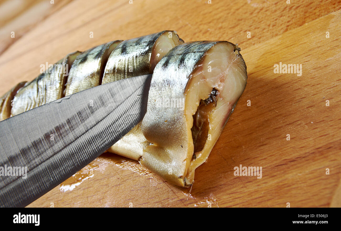 Smoked mackerel cut with slices Stock Photo - Alamy