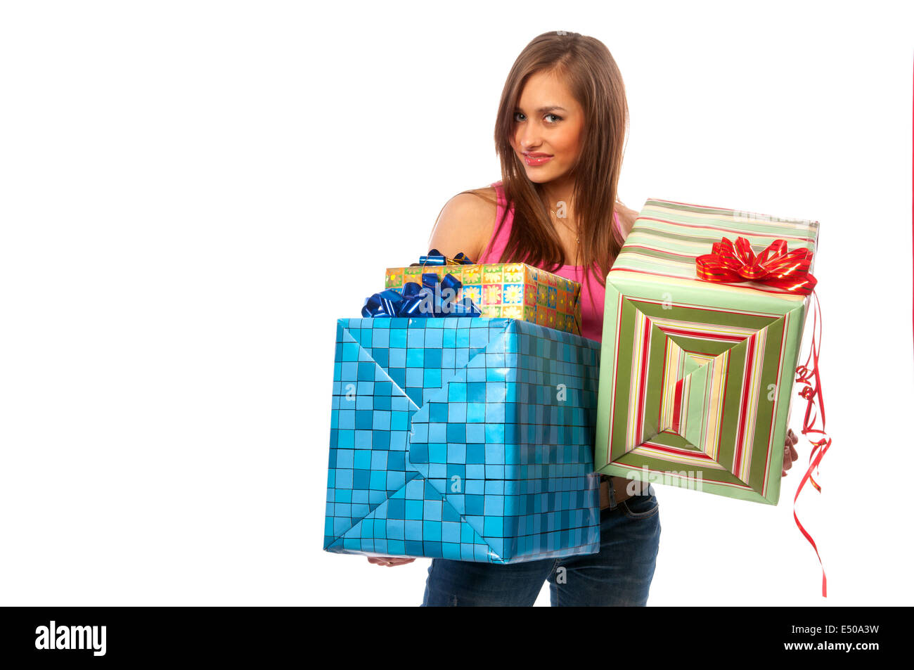 woman holding boxes with gifts Stock Photo - Alamy