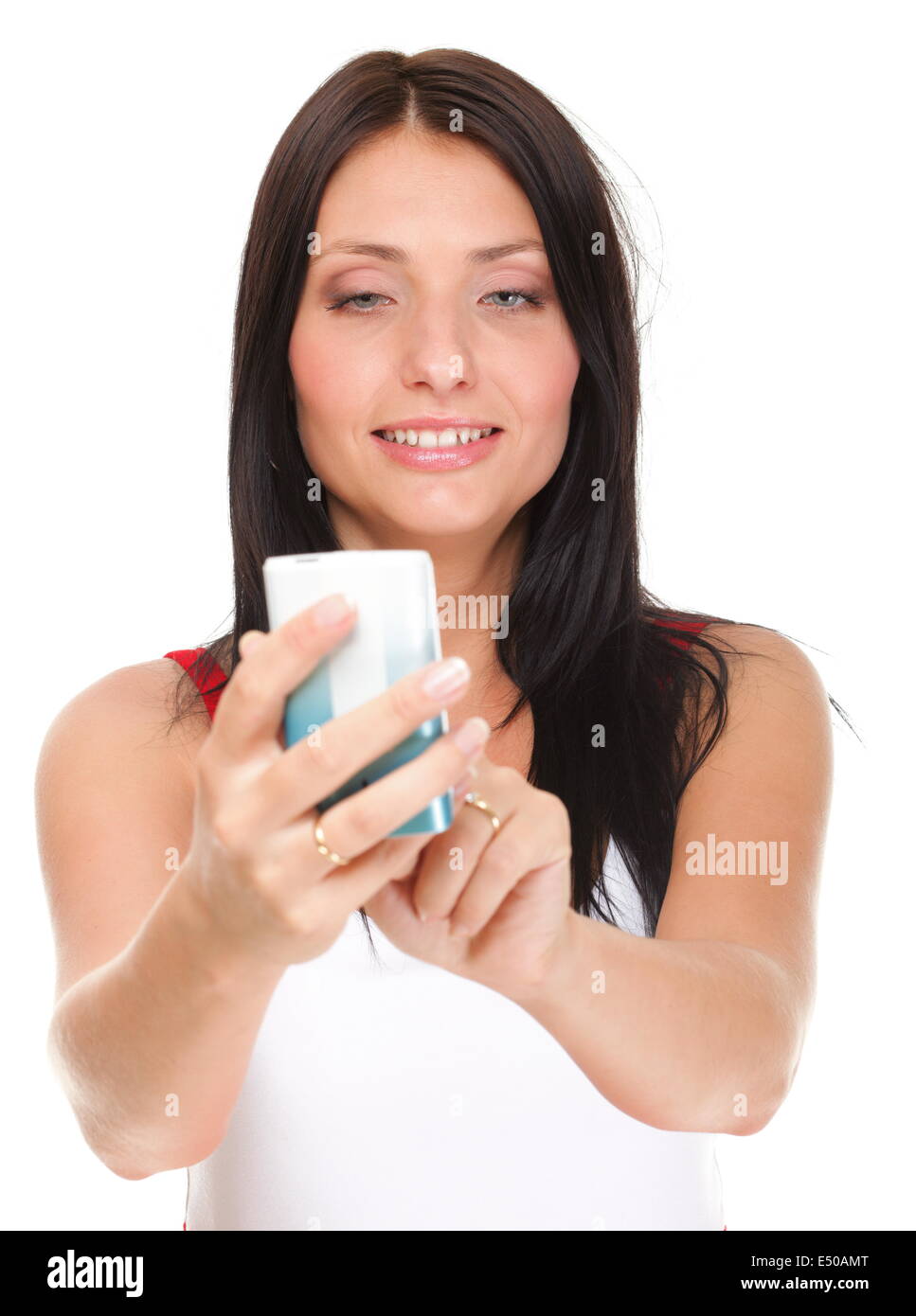 beautiful young woman with phone isolated Stock Photo - Alamy